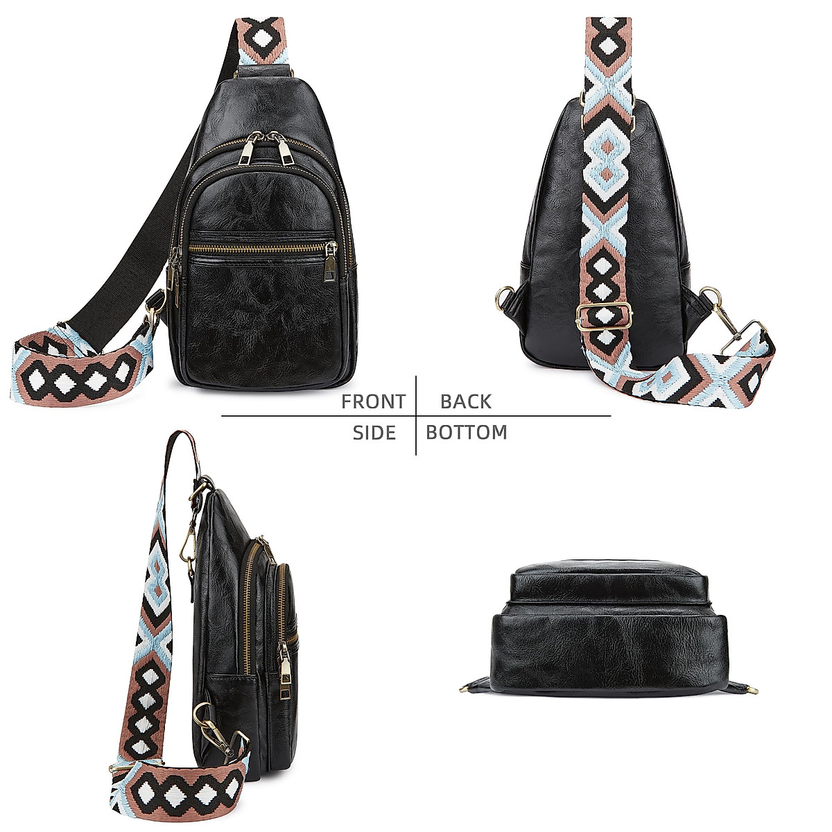 Cynure Women's Vegan Leather Sling Bag Packs Small Zipper Crossbody Chest Backpacks, Black