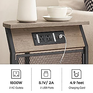 IDEALHOUSE Round End Table with Charging Station, Grey Wood Side Table with USB Ports and Outlets, Sturdy Circle Farmhouse End Table for Living Room, Bedroom and Couch