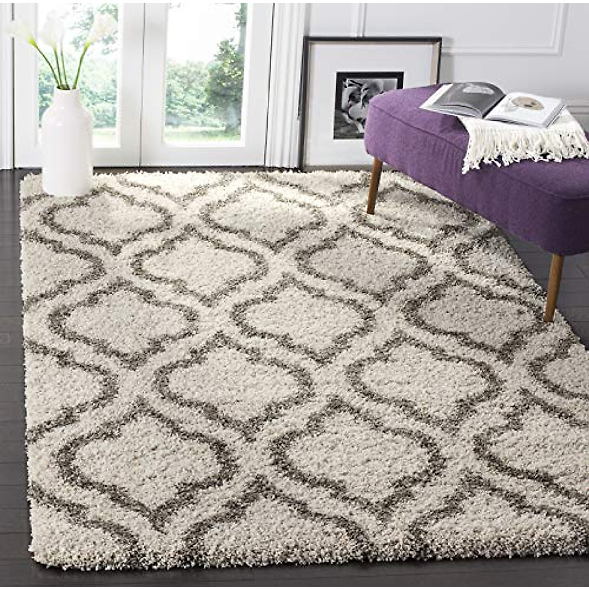 SAFAVIEH Hudson Shag Collection Area Rug - 8' x 10', Ivory & Grey, Moroccan Design, Non-Shedding & Easy Care, 2-inch Thick Ideal for High Traffic Areas in Living Room, Bedroom (SGH284A)