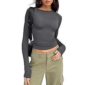 Trendy Queen Long Sleeve Shirts for Women Basic Spring Crop Tops Tight Slim Fit Cute Going Out Outfits Teen Girls Fall Winter Y2k Clothes 2024 Gray