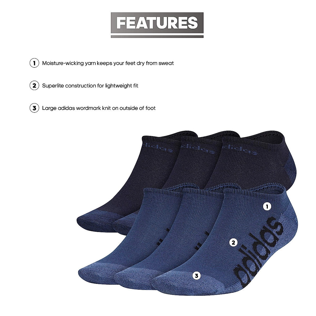 adidas Men's Linear Superlite II 6-Pack No Show, Night Marine Blue/Crew Blue/Legend Ink Blue, Large