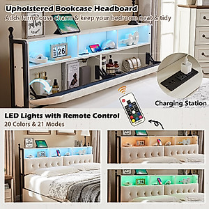 RedLemon King Size Bed Frame with Upholstered Headboard, Modern Farmhouse Wood Metal Platform Bed with Storage Drawers, Charging Station and LED, No Box Spring Needed, Antique White