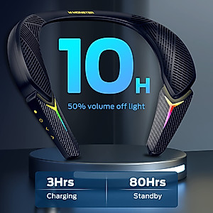 Monster Stinger Neck Speaker, Neckband Bluetooth Speaker with 10H Playtime, True 3D Stereo Sound, Low Latency, RGB Lights, Built-in Mic, Wireless Wearable Speaker for Gaming Movies Music, Lightweight