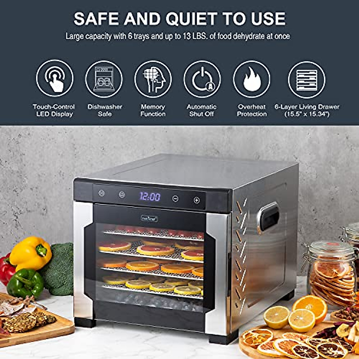 Electric Countertop Food Dehydrator Machine - 600-Watt Premium Multi-Tier Meat Beef Jerky Maker Fruit/Vegetable Dryer w/ 6 Stainless Steel Trays, Digital Timer, Temperature Control - NutriChef
