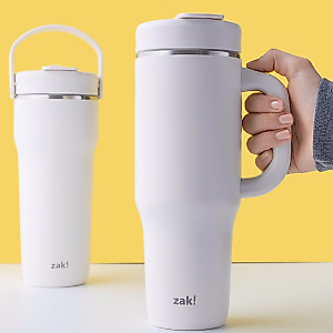Zak Designs Harmony 2-in-1 Coffee Tumbler for Travel or At Home, 40oz Recycled Stainless Steel is Leak-Proof When Closed and Vacuum Insulated with Handle (Linen White)