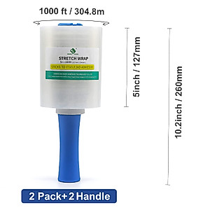 2 Pack Stretch Wrap Film with Plastic Handle, 80 Gauge Thick, 5 Inch x 1000 Ft, Clear Plastic Pallet Shrink Film for Moving Supplies Self-Adhering Plastic Wrap Film, BOMEI PACK