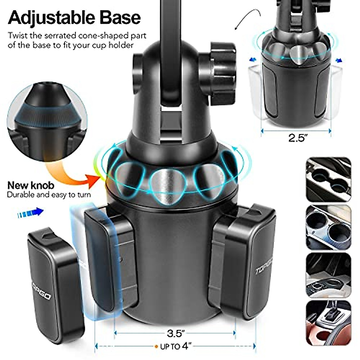 TOPGO Cup Holder Phone Holder, [No Shaking & Stable & Adjustable Pole] Car Cup Holder Phone Mount, Cell Phone Cradle for iPhone 14, Samsung and More Smart Phone(Black)