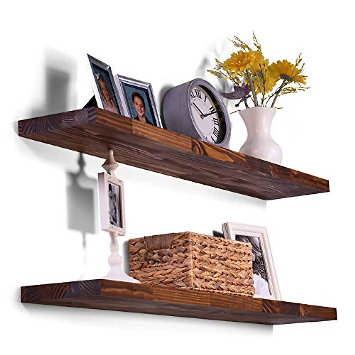 DAKODA LOVE 48" x 8" Butcher Block Solid Wood Floating Shelves | Premium Handmade Quality | Easy Hidden Bracket Wall Mount | Farmhouse Rustic Pine | Set of 2 (Bourbon)