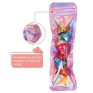 HRX Package 100pcs Pink Holographic Bags Packaging 2.4x7 inch, Resealable Bags Foil Ziplock Pouch Smell Proof Baggies for Lip Gloss, Eyeliner Pens, Jewelry, Candy