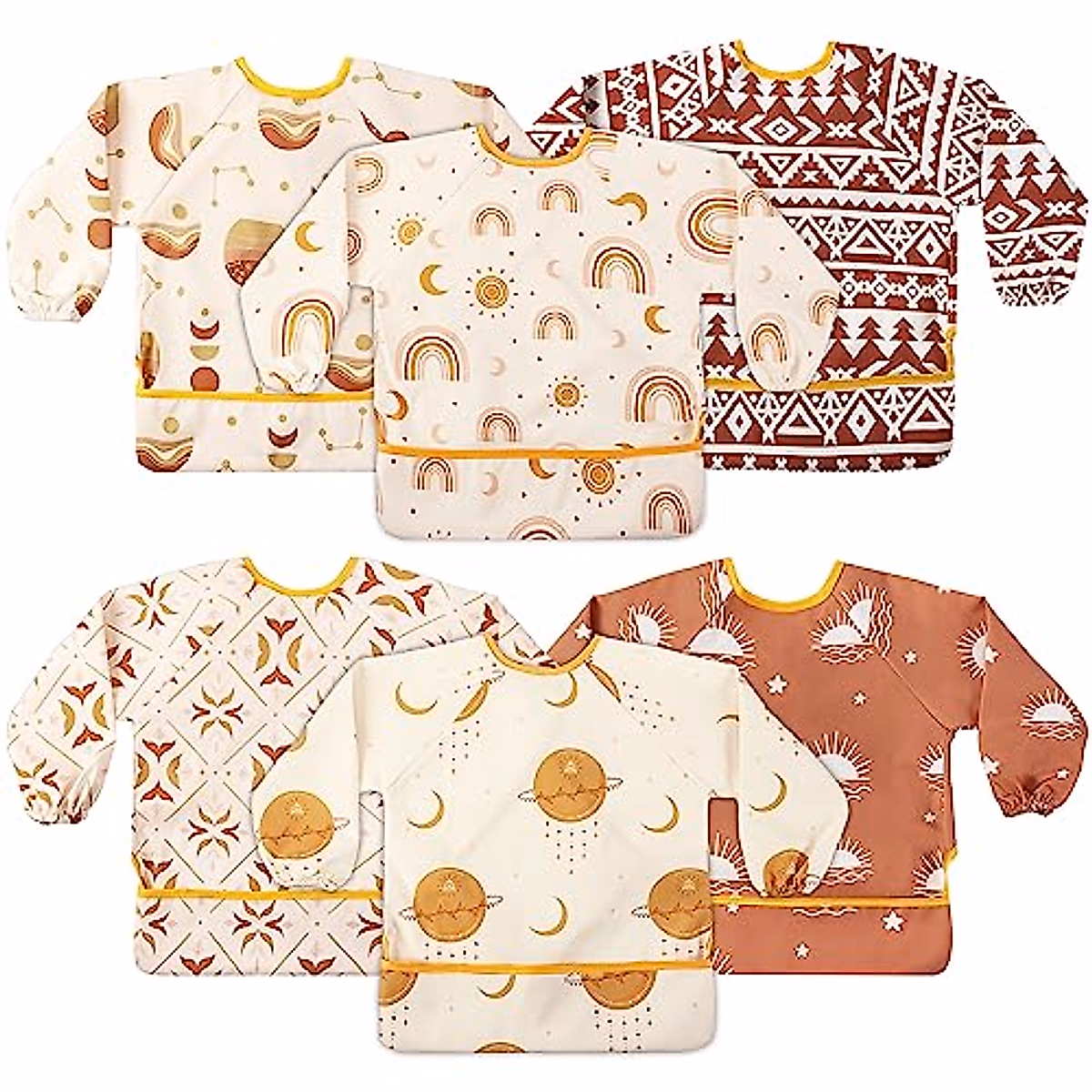 Jeyiour 6 Pack Long Sleeve Baby Bibs Mess Proof Bib Washable Feeding Bib Waterproof Smock Bib for Infant Toddler 6-24 Months(Boho Style)