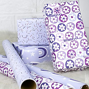 LeZakaa Purple Gift Wrapping Paper - Mini Roll - Flower Ball/Colorful Strip/Arch Print for Gift Wrap, Arts Crafts - 17 x 120 inches - 3 Rolls (43.77 sq.ft.ttl.)