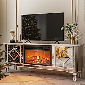 IKIFLY Mirrored TV Stand with Fireplace for 75+ inch TV, Silver Electric Fireplace Entertainment Center w/7 Colors Changing & 3D Realistic Flame Effect for Living Room