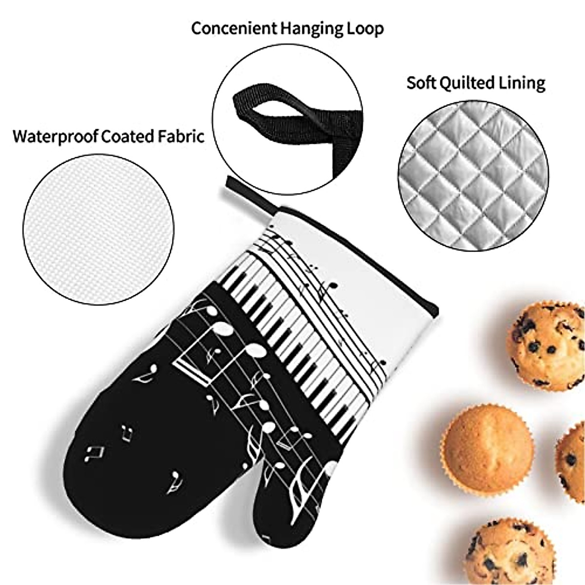 Piano Keys with Musical Notes Printed Oven Mitt and Pot Holder Set, Washable Heat Resistant Oven Mitt for Kitchen Cooking Baking Grill