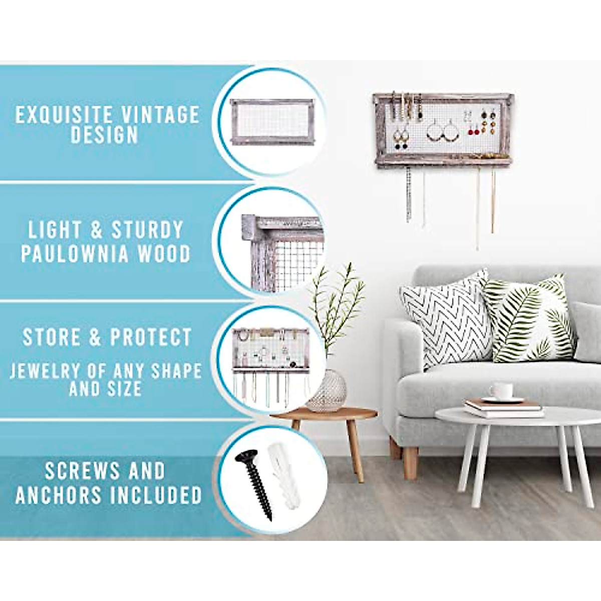 Comfify Rustic Jewelry Organizer – Wall Mounted Jewelry Holder w/Removable Bracelet Rod, Shelf & 16 Hooks – Perfect Earrings, Necklaces & Bracelets Holder – Rustic White