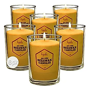 Pure Beeswax Votive Candles, 6 Pack – Yellow Unscented Decorative Candle for Party Centerpieces, Home Decor and Dinner Parties – Long Lasting Burn Time, Clear Glass Cup, 3 oz – by Hyoola