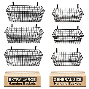 Joben Oligey 6 Set (2 SIZE) Hanging Wire Baskets ,Wall Mount Fruit Basket,No Drilling,Adhesive Metal Basket,Farmhouse Food Storage Mesh Bin Kitchen Pantry Laundry Bathroom Closet Garage RV ,Black