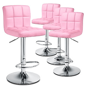 Magshion Faux Leather Bar Stools Adjustable 360 Degree Swivel Backrest Footrest Barstool Set of 4, Pink
