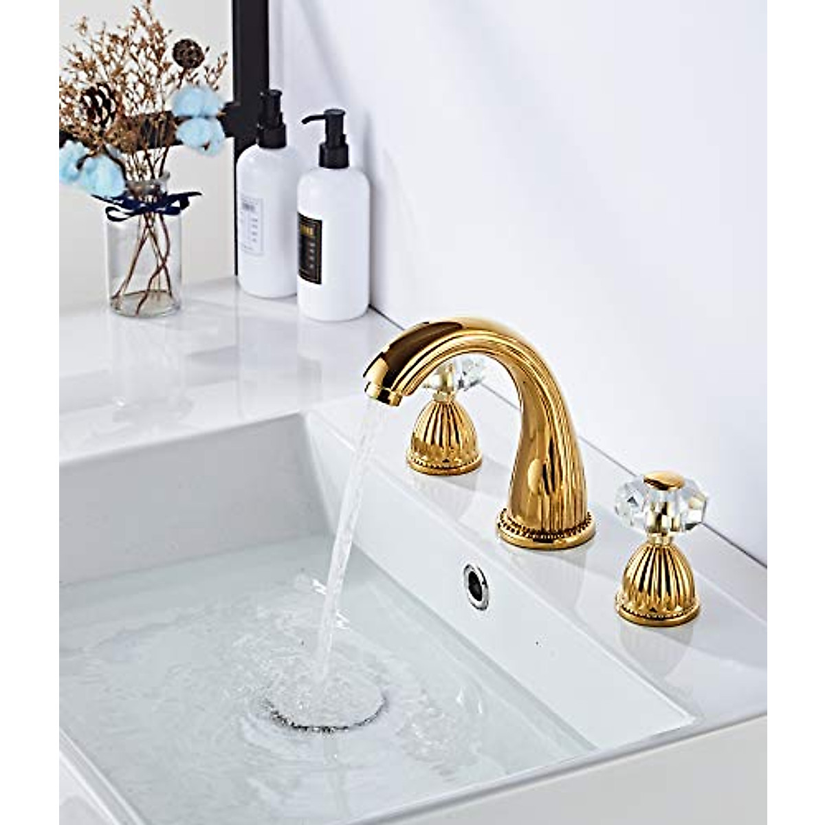 YUELIFE Bathroom Sink Faucet 3 Hole Deck Mounted Widespread Brass Bathroom Faucet Crystal Handle Mixer Tap,Gold(Ti-PVD)