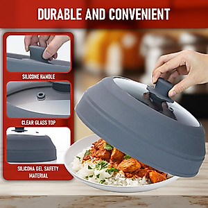 Collapsible Microwave Cover - Large 11.8" Tempered Glass & Silicone Lid, Heat Resistant, Splatter Guard with Easy-Grip Handle - Grey