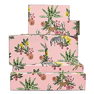 CENTRAL 23 Floral Wrapping Paper - 6 Sheets Pink Gift Wrap With Tags - Jungle Tropical Flowers - For Birthday Wedding Anniversary Wrap - Recyclable