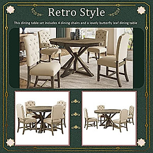WOZNLA 5-Piece Retro Style Extendable Round Dining Table Set with 4 Upholstered Chairs - Classic Elegance for Your Dining Space