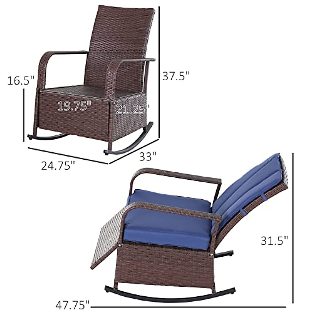 Outsunny Outdoor Rattan Wicker Rocking Chair Patio Recliner with Soft Cushion, Adjustable Footrest, Max. 135 Degree Backrest, Blue