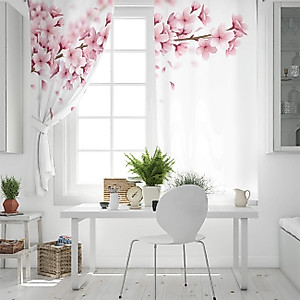 CHARMHOME Grommet Curtain Pink Cherry Blossom with Branches Garden Art Print Window Curtains Draperies for Bedroom and Living Room, Set of 2 Panels, 52 by 63-Inch