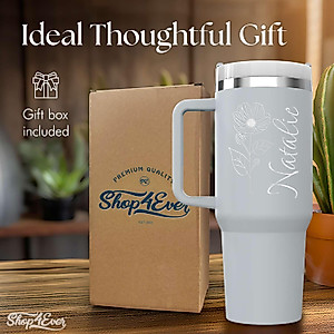 Custom Personalized Birth Flower Flower Your Name Engraved Insulated Stainless Steel Tumbler with Handle, Lid, and Straw 40 oz. Birthday Gift for Her