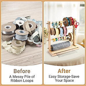 NewEle Ribbon Organizer - Wooden Ribbon Spool Holder for Mesh Ribbon Wreath Thread Tulle Roll Washi Tape, Ribbon Holder Organizer Rack for Craft Room, Florist Supplies, Wrapping Craft Present