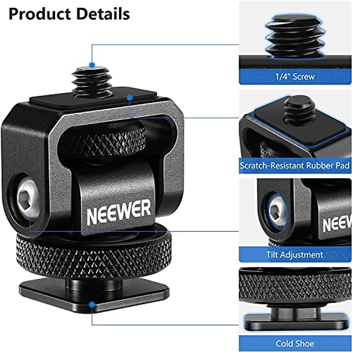 NEEWER 1/4" Mini Cold Shoe Mount Adapter Compatible with SmallRig Camera Phone Cage Rig, LED Video Light, Vlog Accessories, Mount Head Supports 138° Tilt Adjustment, Aluminum Alloy Structure, ST37