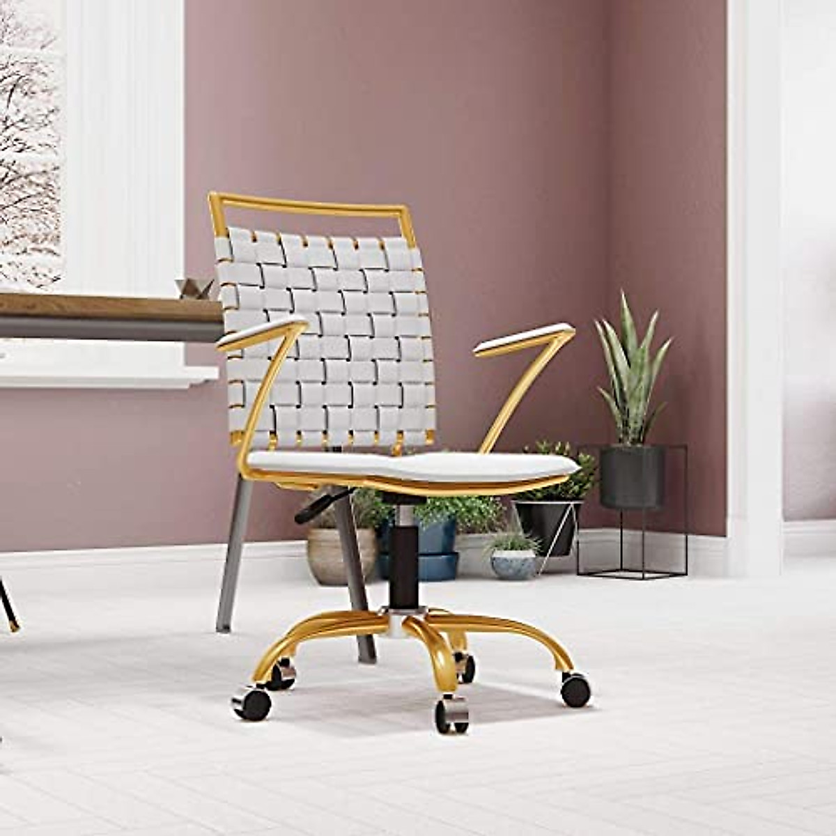 CAROCC Cute White and Gold Desk Chair Gold Office Chair Golden Comfort for Women Office Products Home Office Desk Chair Computer Chair Task Chair Small Vanity Cute Desk Chair (GD-White)