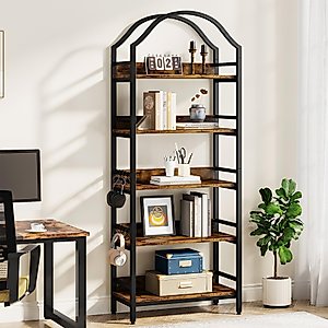 Tribesigns 5-Tier Bookshelf, 73" Tall Arched Bookcase, Industrial Wood Storage Rack Open Shelves with 4 Hooks, Modern Standing Bookshelves Metal Frame Display Rack for Home Office, Brown, 1 Pc
