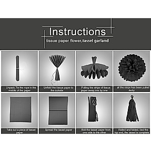 White Red Black Party Decorations - 23pcs Tissue Paper Flowers Pom Poms Tassel Garland Pennant Banner Flags Streamers Birthday Wedding Graduation Bachelorette Classroom Office Hanging Decor