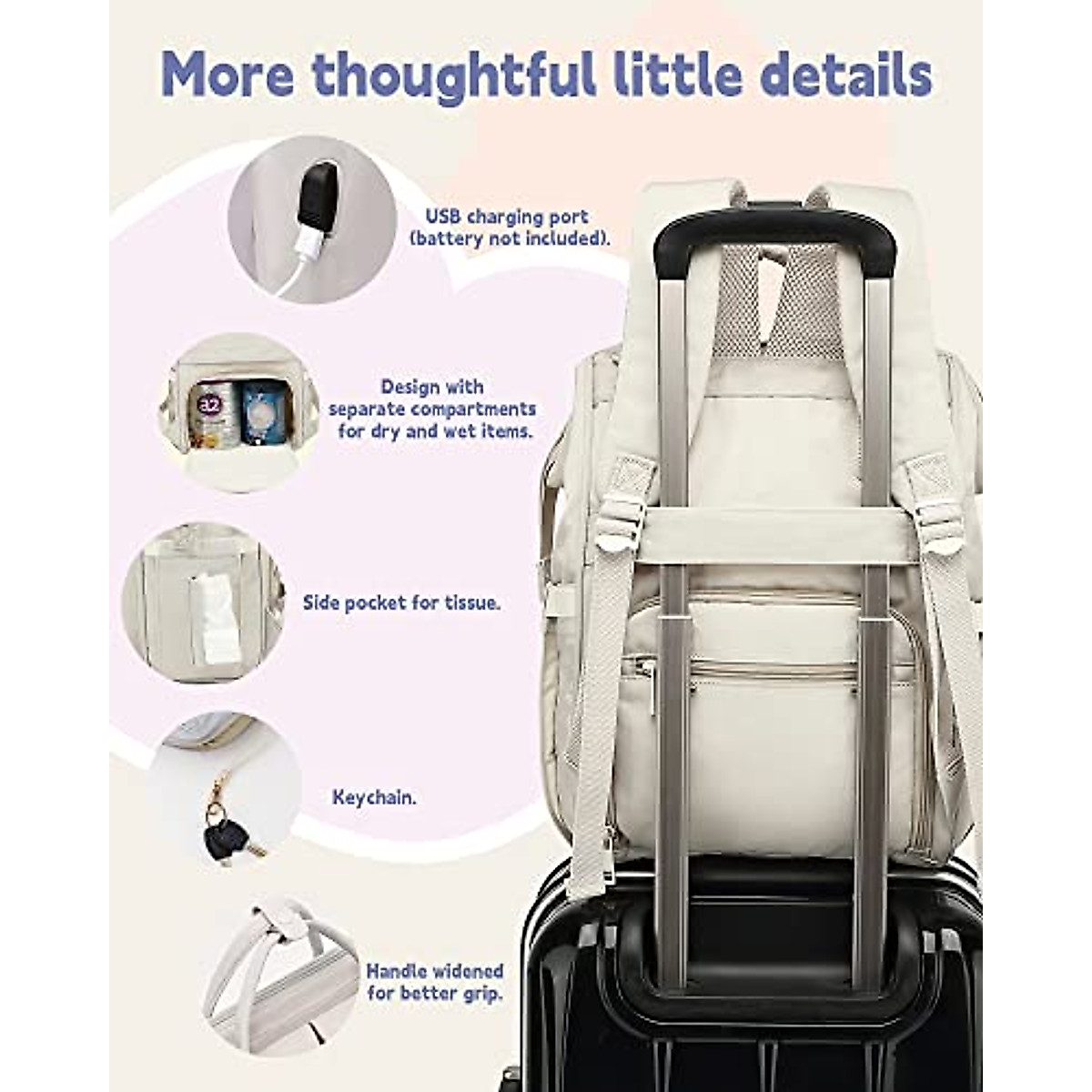 AUYRE Diaper Bag Backpack Nappy Changing Bags Waterproof Travel Backpack with USB Charging Port & Stroller Straps Baby Shower Gifts (Beige)