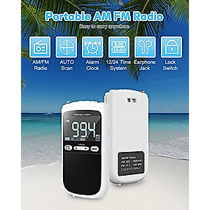 Greadio Portable AM FM Radio, Walkman Transistor Battery Radio with Rechargeable 900mAh Battery, Best Reception, Digtal LCD Screen, Time Seting Pocket Mini Radio for Home, Office, Kids (White)