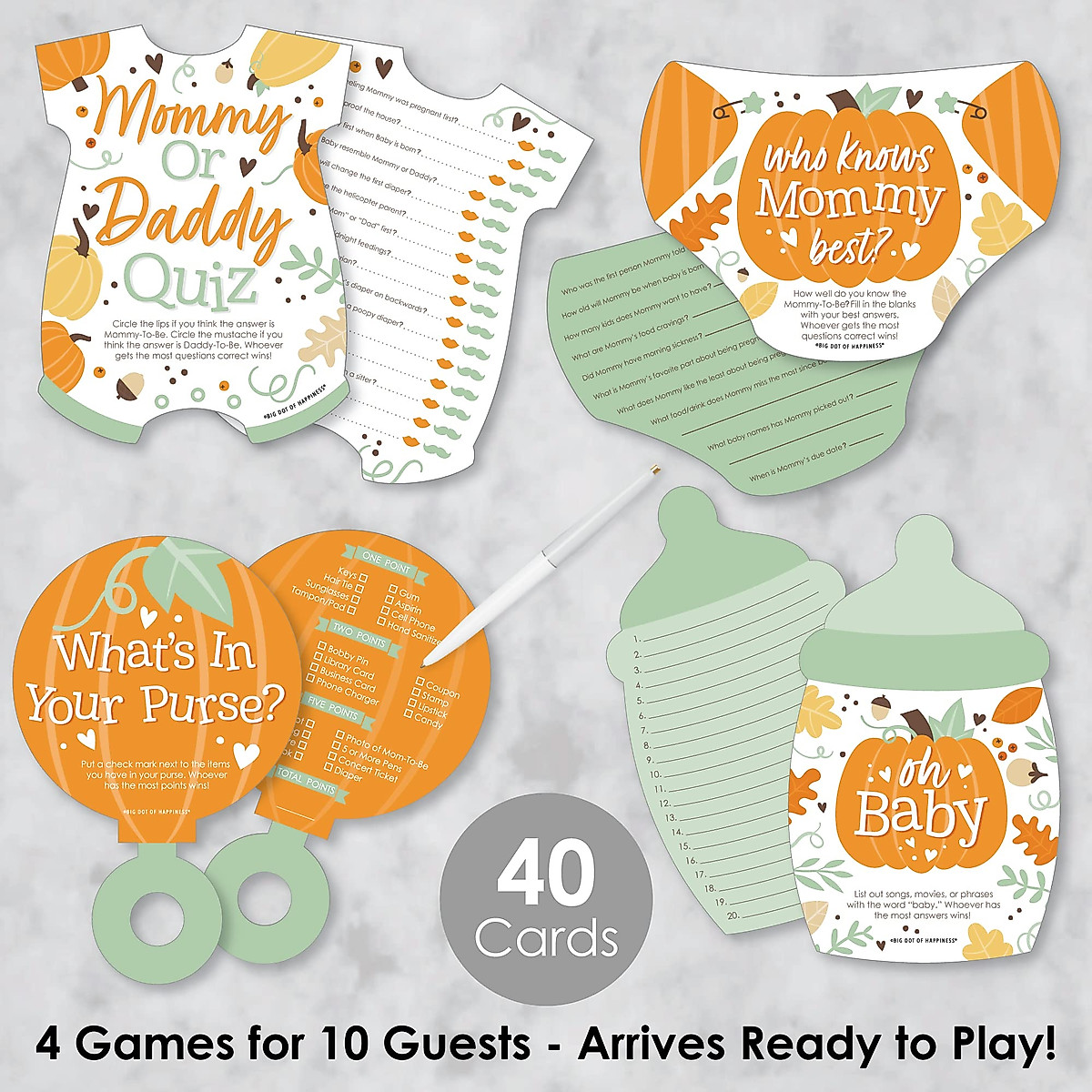 Big Dot of Happiness Little Pumpkin Decorations, 4 Fall Baby Shower Games, 10 Cards Each - Who Knows Mommy Best, Mommy or Daddy Quiz, What’s in Your Purse and Oh Baby - Gamerific Bundle
