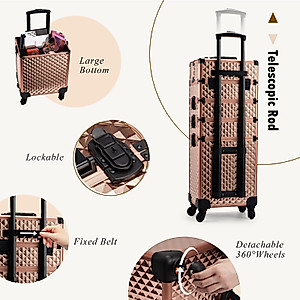 Adazzo 4 in 1 Rolling Makeup Case Cosmetic Train Case Trolley Roll Travel Box for Makeup Artist, Hairstylists, Nail Tech Makeup Cart with Key Swivel Wheels Barber Case Traveling Trunk Rose Gold