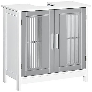 kleankin Modern Under Sink Cabinet with 2 Doors, Pedestal Under Sink Bathroom Cupboard, Bathroom Vanity Cabinet with Adjustable Shelves, Gray and White