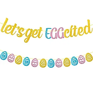 MALLMALL6 2Pcs Let's Get EGGcited Banners for Easter Party Decorations Pre-Strung Glittery Sign with 3 Colors Easter Egg Garland Hanging Kit Spring Holiday Supplies for Fireplace Outdoor Home
