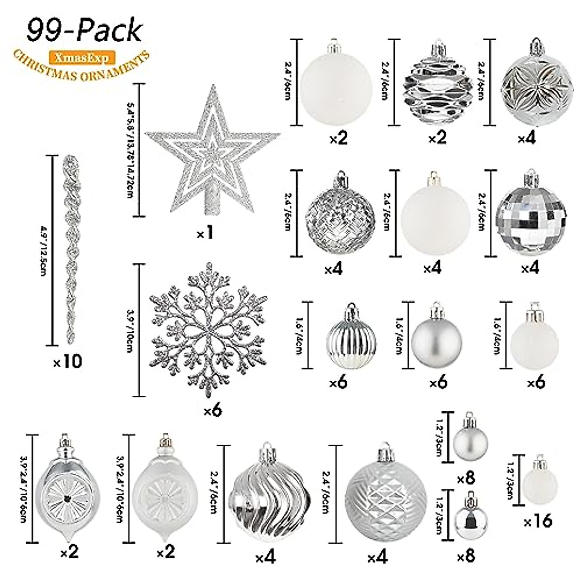 XmasExp 99-Pack Christmas Ball Ornaments Assorted Shatterproof Christmas Tree Decorations with Hand-held Gift Package for Xmas Tree,Home,Party(Silver-White)