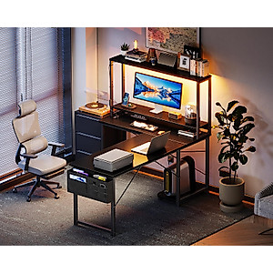 AODK L Shaped Desk Gaming Desk with LED Light & Power Outlet, 53 Inch Reversible L Shaped Computer Desk with Shelf, Corner Desk with Storage Bag&Hook for Home Office Desk, Black