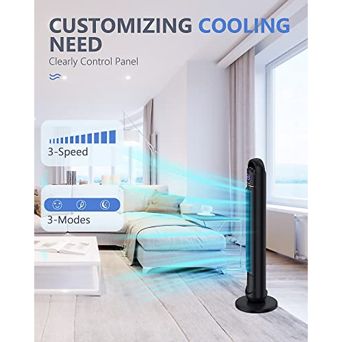 Tower Fan with Remote, G-Ocean 45 Inch Oscillating Fan, Bladeless Fans with 24H Timer, 3 Speeds, 3 Modes, LED Display, Cooling Standing Floor Fan for Bedroom Living Room Home Office, Meteorolite Black