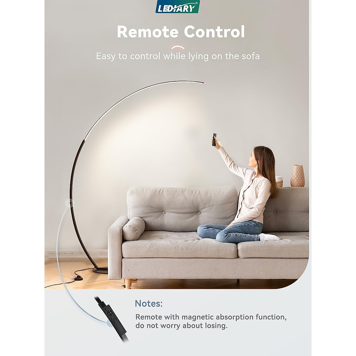 LEDIARY Arc Floor Lamp, 65" Modern Floor Lamp with Remote Control, Dimmable Standing Lamp, Black LED Reading Lamp for Living Room Bedroom Office Home, Stepless Color Temperature