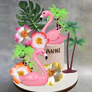 Flamingo Cake Toppers Artificial Flower Palm Leaves Cake Decoration for Birthday Summer Tropical Hawaiian Themed Party Supplies (Two Flamingo)