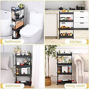 Arogan Slim Rolling Storage Cart with Wheels, 4 Tier Bathroom Storage Cart Laundry Room Organizer, Rolling Utility Cart for Kitchen, Bathroom, Laundry Room, Office, Narrow Place(Black)