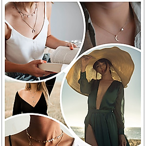 Honsny Layered Choker Necklace for Women Coin Moon Star Multilayer Choker Necklaces Charm Tiered Choker Chain Gold Necklace Set Adjustable Silver Bar Pendant Y Necklace