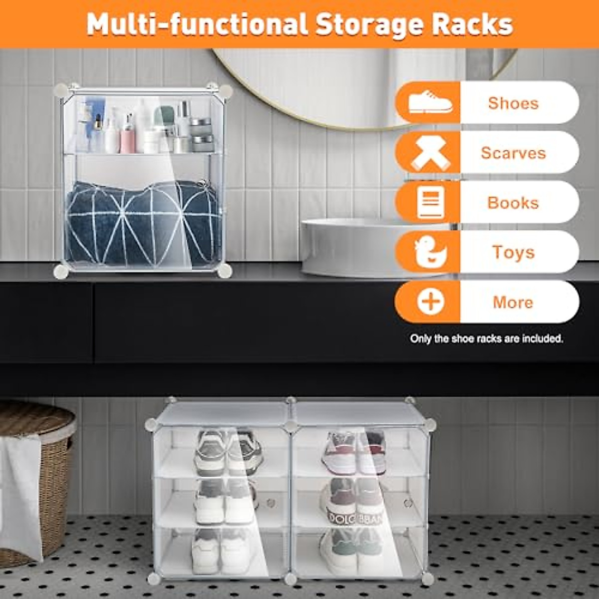 DYRABREST Portable Shoe Rack Enclosed Shoe Organizer, 72 Pairs DIY Shoe Cabinet, White Plastic Closet Shoe Organizer with Transparent Door, Free Standing Shoe Rack Expandable for High Heels, Boots
