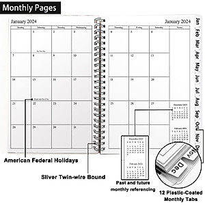Veiai 2024 Planner,January - December, Wirebound,Weekly and Monthly with Monthly Tabs Planner, Frosted Cover,6.5"x8.5", Twin-Wire Binding Calendar Notebook (Black)