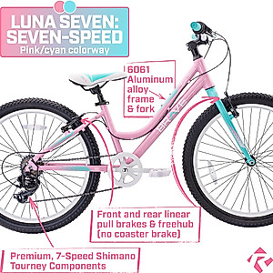 Revere Kids 24" Girls 7-Speed Cruiser Children's Bicycle for Ages 7-11 Years Old. Lightweight Aluminum Frame and Fork, Easy to Ride! (Pink/Cyan)