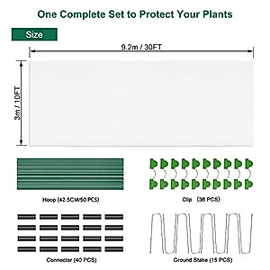 Kuptone Plant Covers Freeze Protection 10Ft x 30Ft Floating Row Cover with 10Pcs Garden Hoops & 36Pcs Clips & 15Pcs Steel Garden Stakes, Plant Cover with Frame for Winter Frost Sun Pest Protection